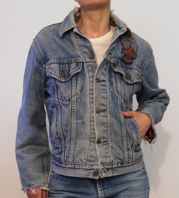 Plaid Lined Harley Levi's Denim Jacket , Vintage 1980s Faded Plaid Lined Harley Levi's Denim Jacket , Vintage 1980s Faded