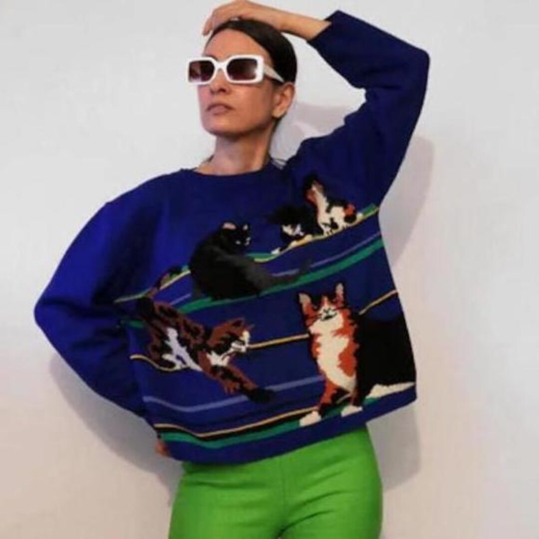 Cobalt Intarsia Cotton Calico Cat Sweater , Vintage 1990s Susan Bristol ...