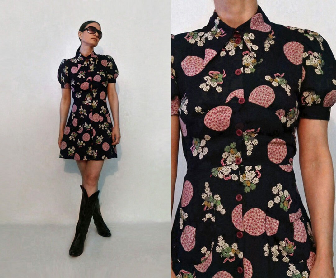 70s Puffed Sleeve Dandelion Mini Dress / Vintage 1970s Puff Sleeve ...