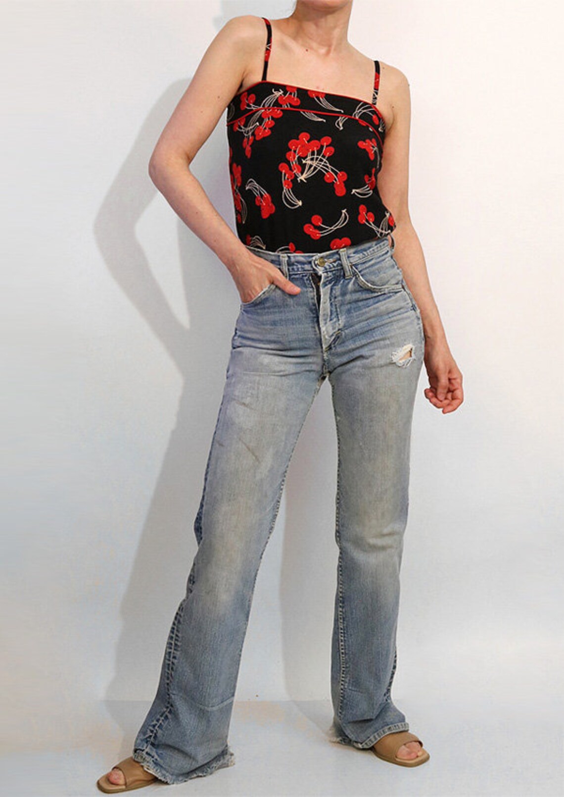 70s Cherry Tank Top / Vintage 1970s Black N Red Cherries Print Tiny Fit ...