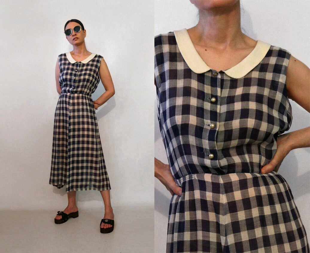 30s Checkered Cotton Gauze Dress / Vintage 1930s 1940s Blue N White ...