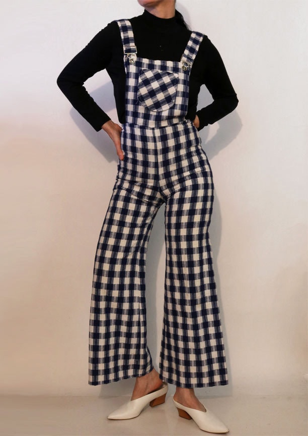 70s Checkered Flared Overalls , Vintage 1970s Midnight Blue & White ...