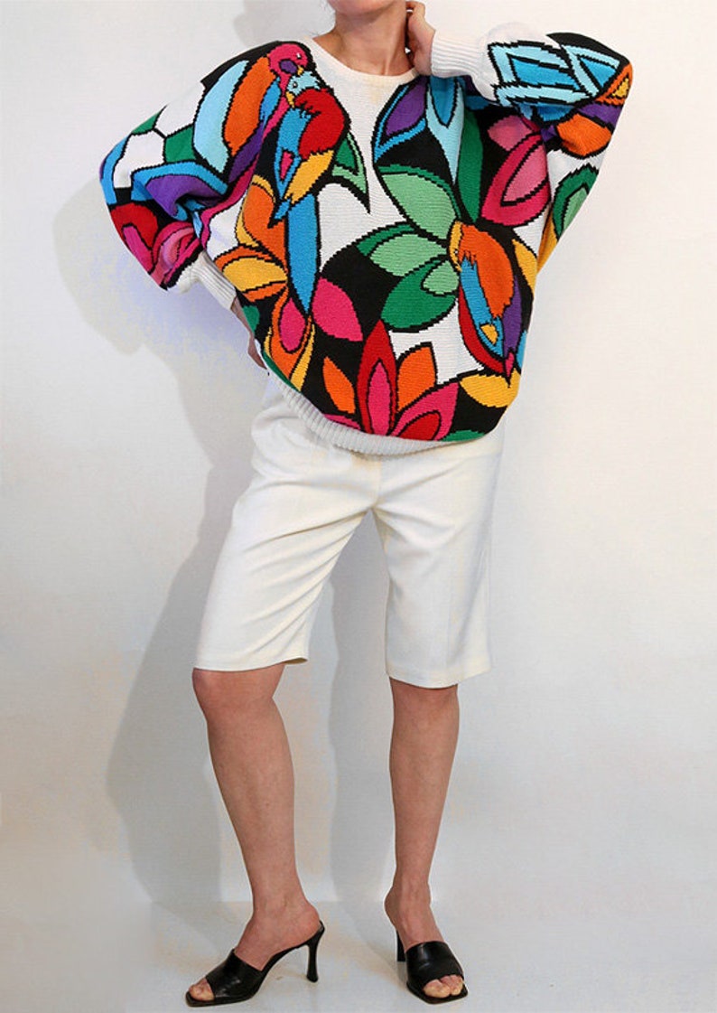 Rainbow Tropical Parrot Cotton Knit Sweater / Vintage White - Etsy