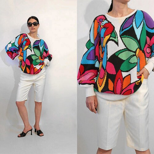 Rainbow Tropical Parrot Cotton Knit Sweater / Vintage White - Etsy