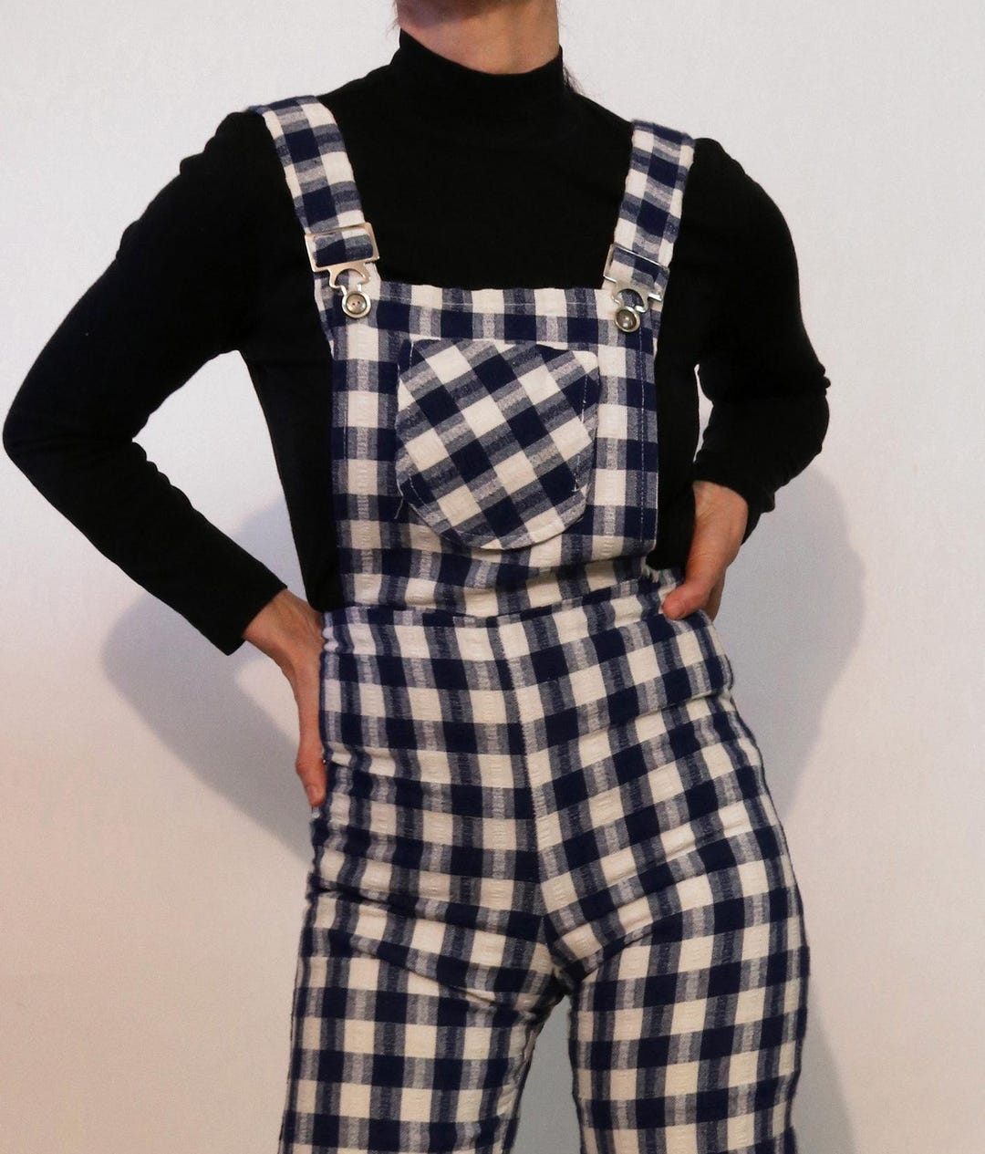 70s Checkered Flared Overalls , Vintage 1970s Midnight Blue & White ...