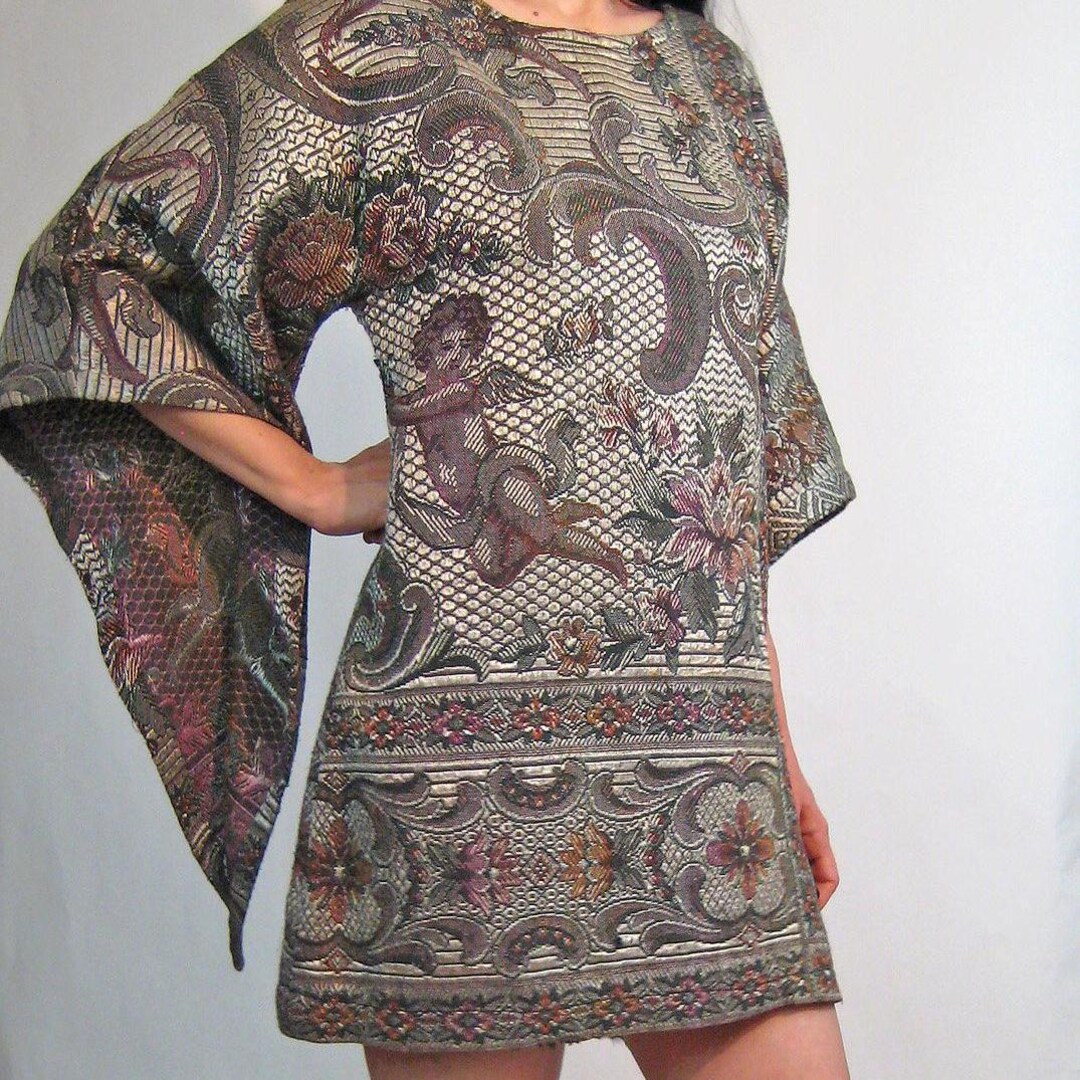 70s Cherub Woven Tapestry Dress , Vintage 1970s Bell Sleeve Cotton ...