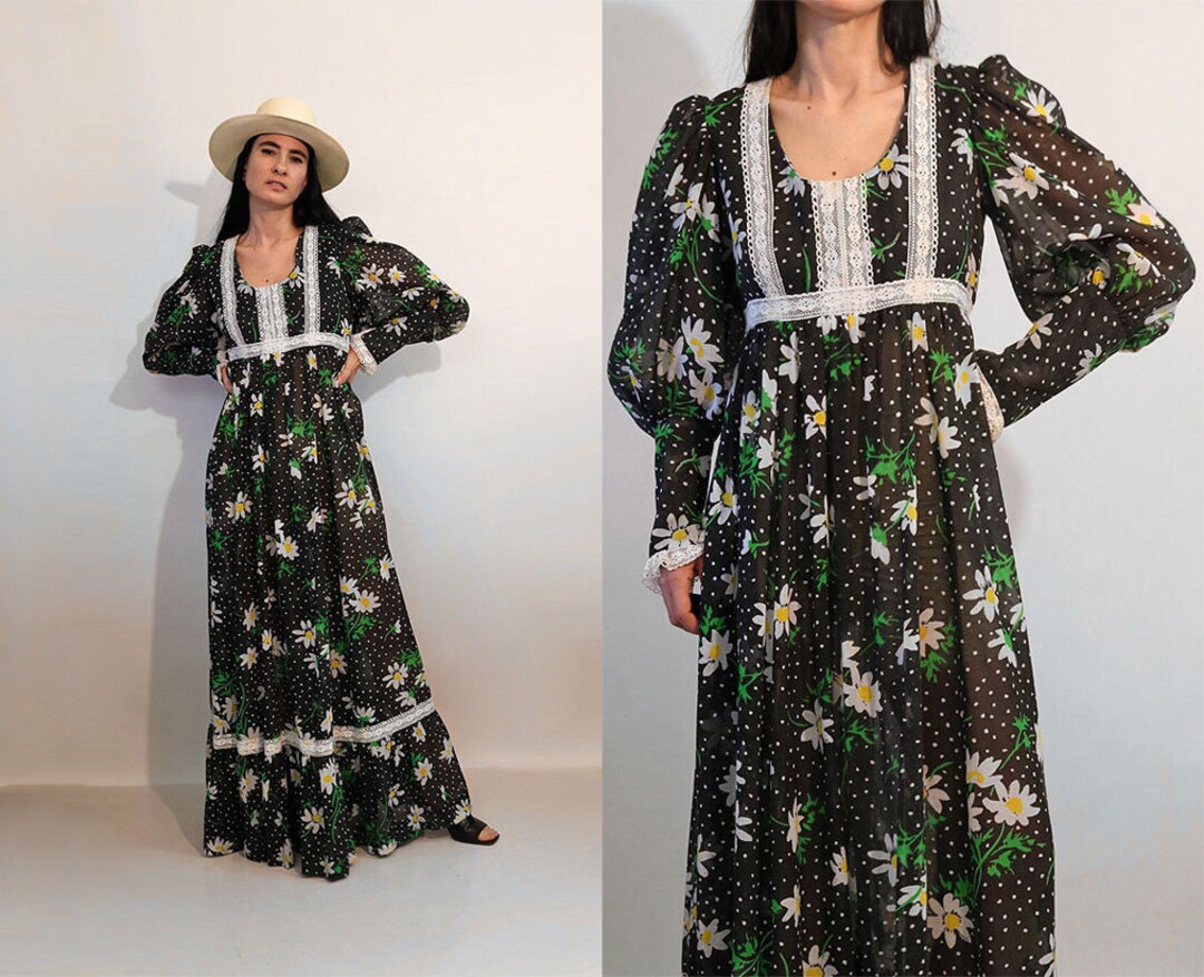 70s Leg of Mutton Sleeve Cotton Gauze & Crochet Lace Daisy Dress ...