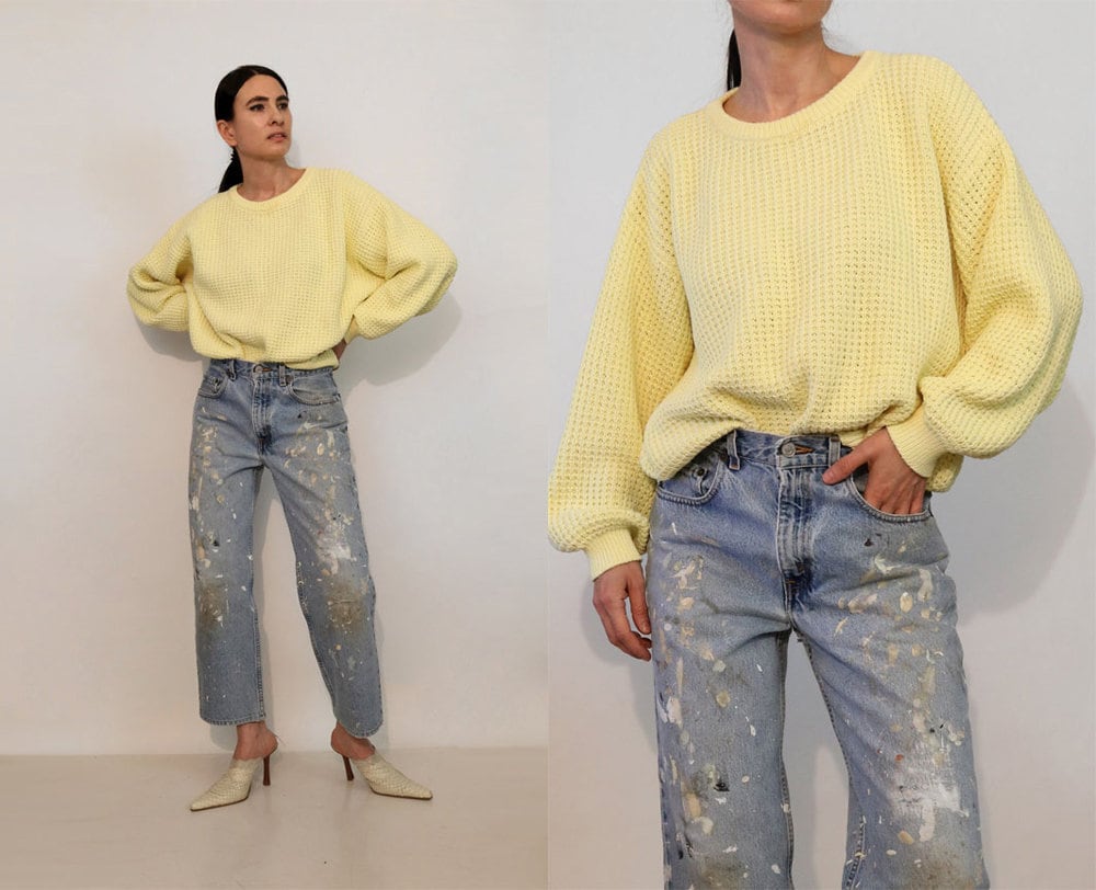 Oversized Buttercream Waffle Knit Cotton Sweater / Vintage 1980s Pale ...