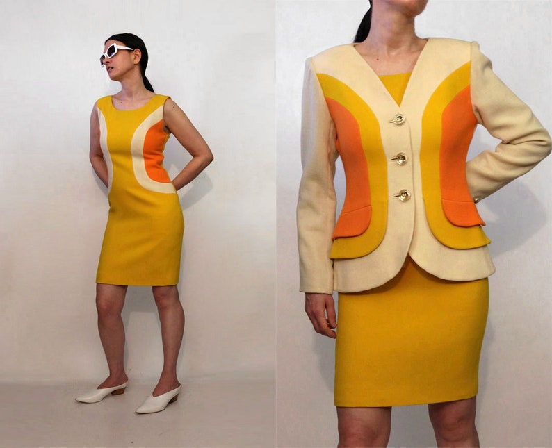 French Color Block Wool 2 Pc Dress Suit / Vintage France Mod Tangerine ...