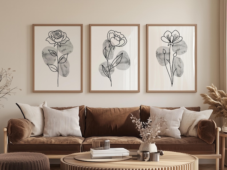 Minimalist Botanical Line Art Set of 3 – Black and White Flower Wall ...