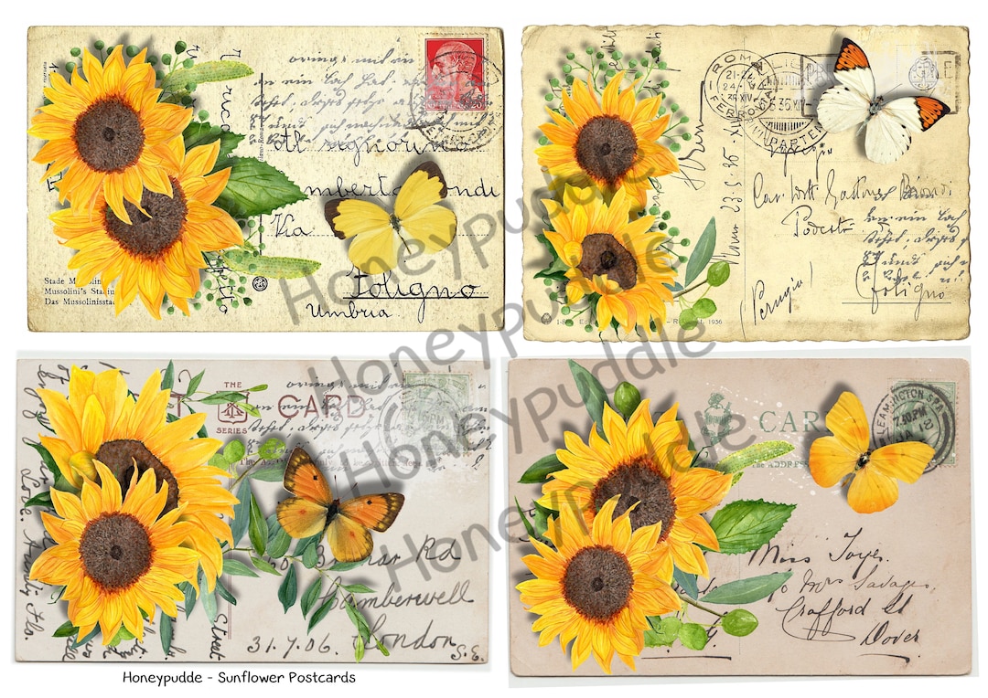 Sunflowers, Printable Postcards, Collage Sheet, Yellow Flowers ...