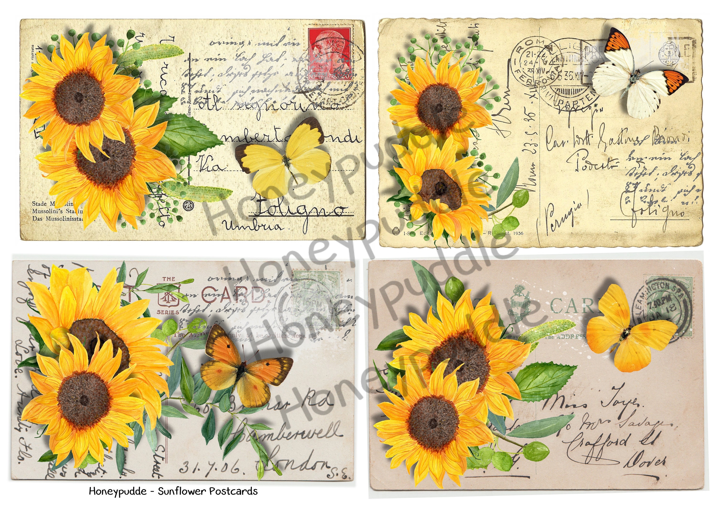 Sunflowers, Printable Postcards, Collage Sheet, Yellow Flowers ...