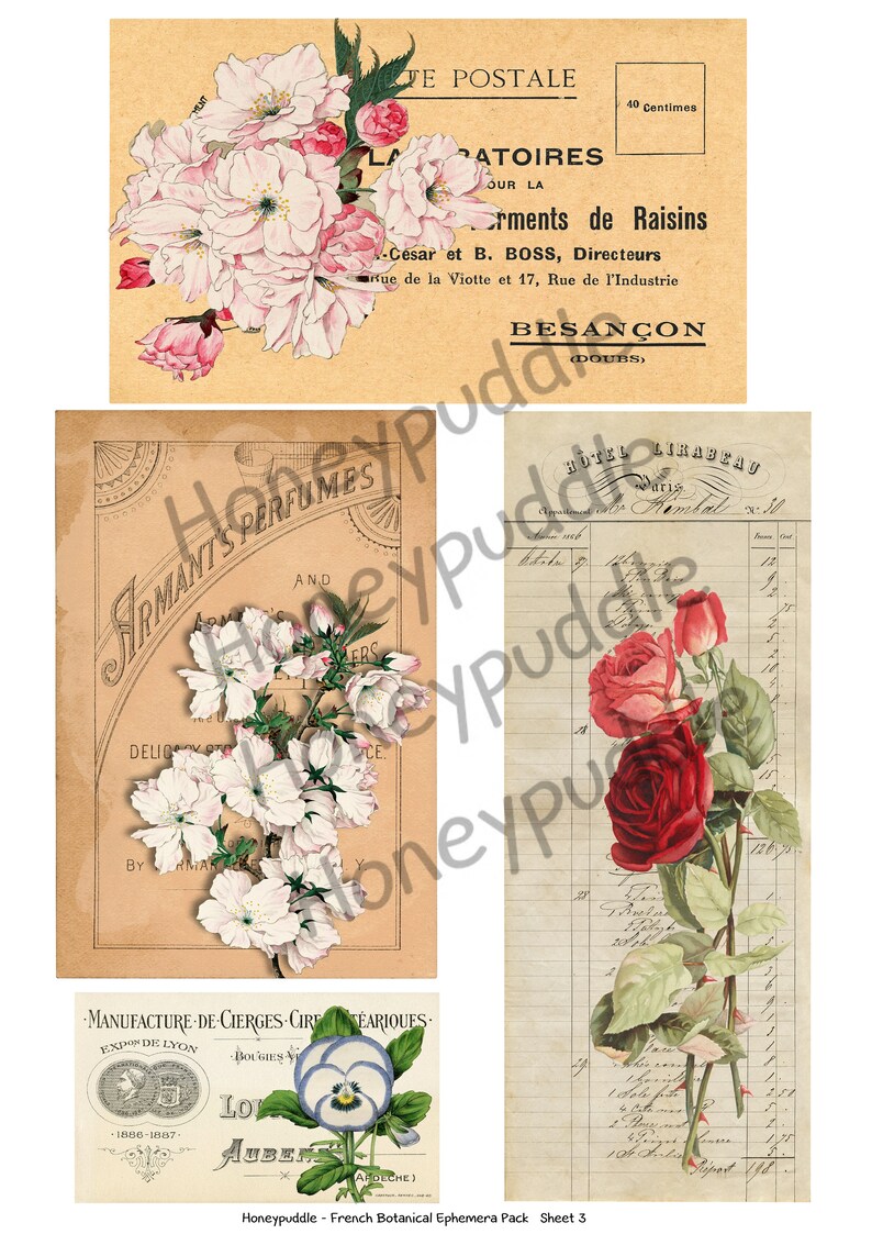 Vintage French Floral Ephemera, Journal Cards, French Junk Journal Kit ...
