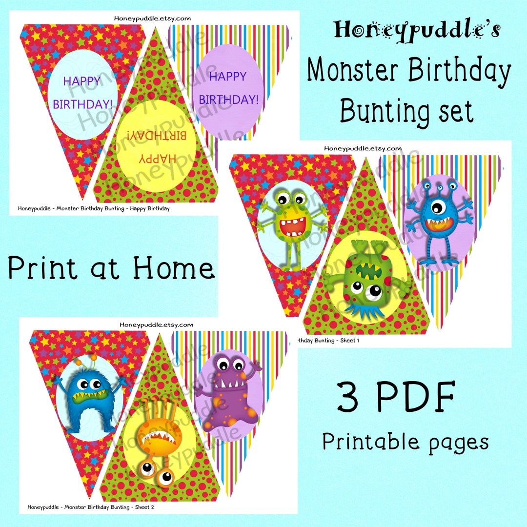 Printable Party Bunting, Monster, Cute Monsters, Print at Home, Kids ...