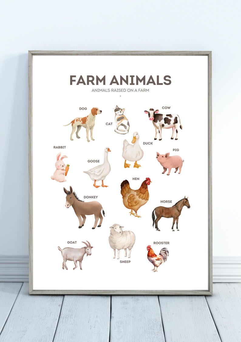 Watercolor Farm Animals Poster: Educational Kids Room Decor (digital ...