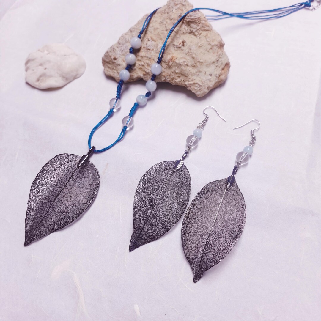 Gold Dipped Leaf Jewelry Set: Aquamarine & Crystal Necklace Earrings - Etsy