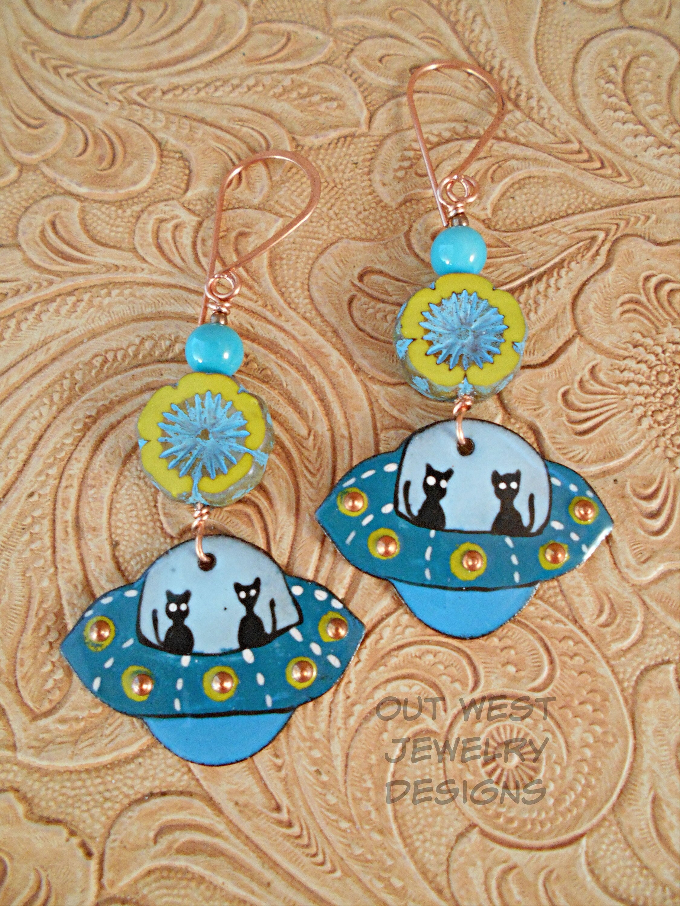 Alien Cat Earrings - Artisan Enameled Aqua and Teal Ufos With ...