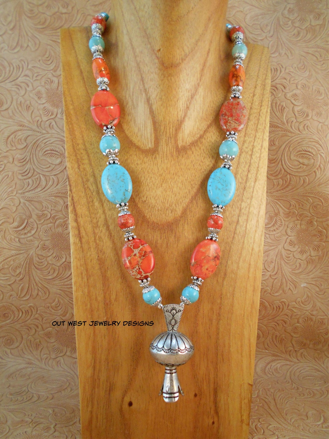 Western Cowgirl Necklace Set - Chunky Turquoise Howlite and Orange ...