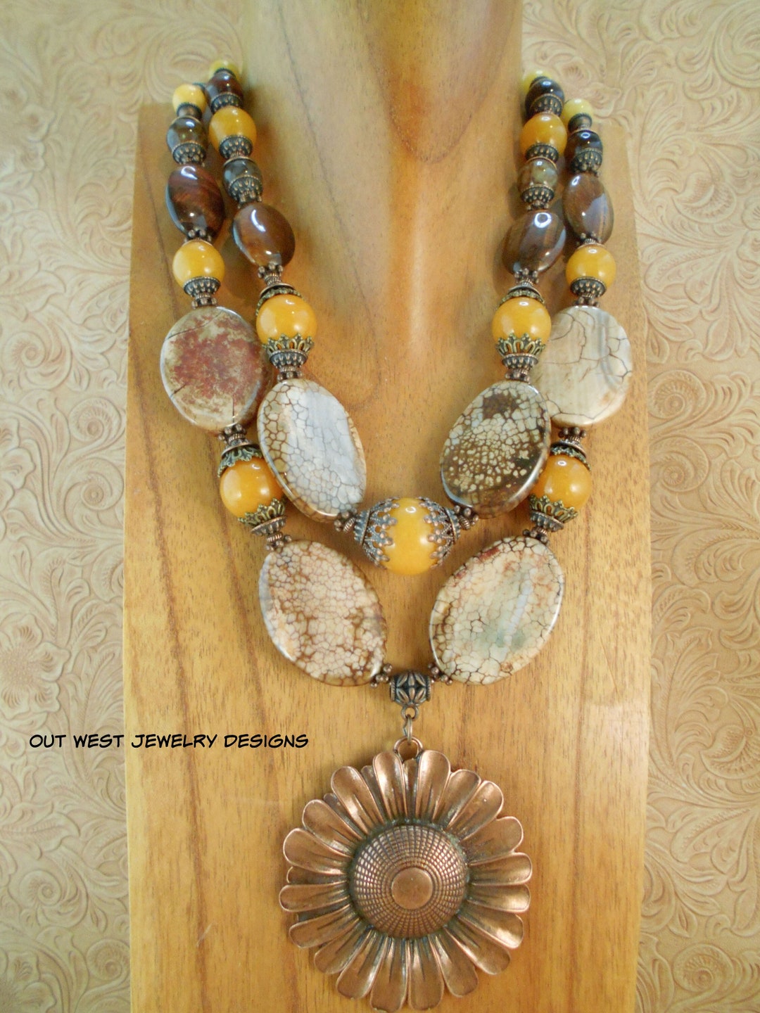 Western Cowgirl Necklace Set - Chunky Rust Brown Agate and Yellow Jade ...