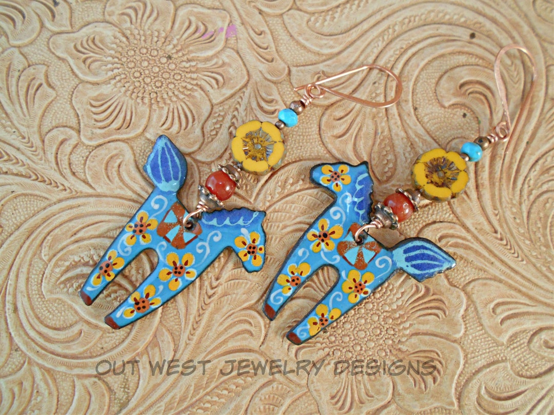 Dala Horse Earrings - Blue and Yellow Boho Swedish Dala Style Pony ...