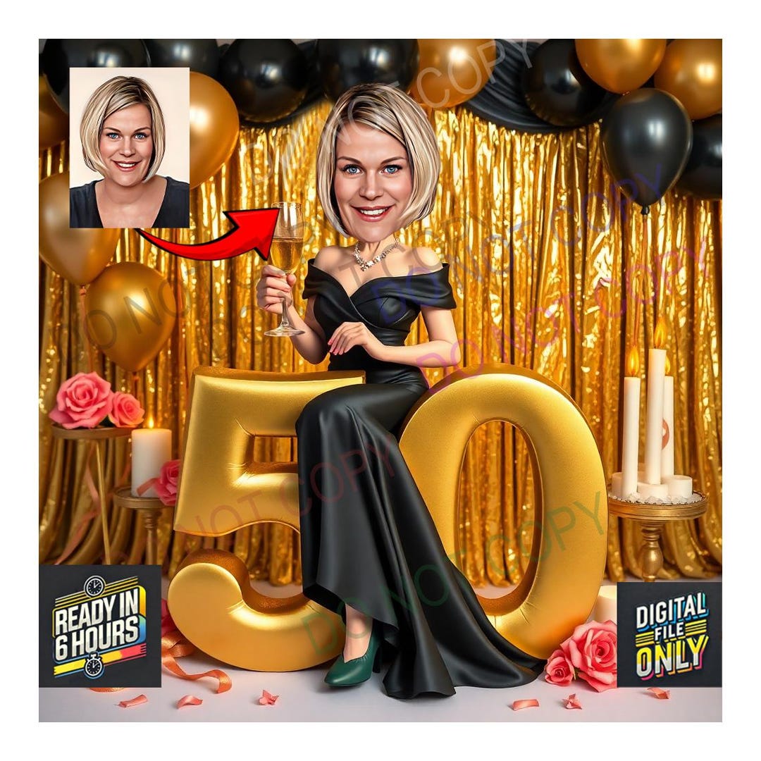 Custom 50th Cartoon Portrait | 50th Caricature | Personalized Happy ...