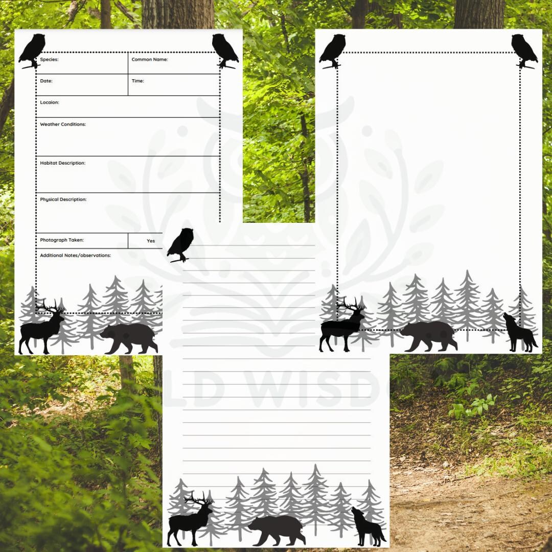 Black and White Wildlife Observation Journal Pages. Data Sheet, Notes ...