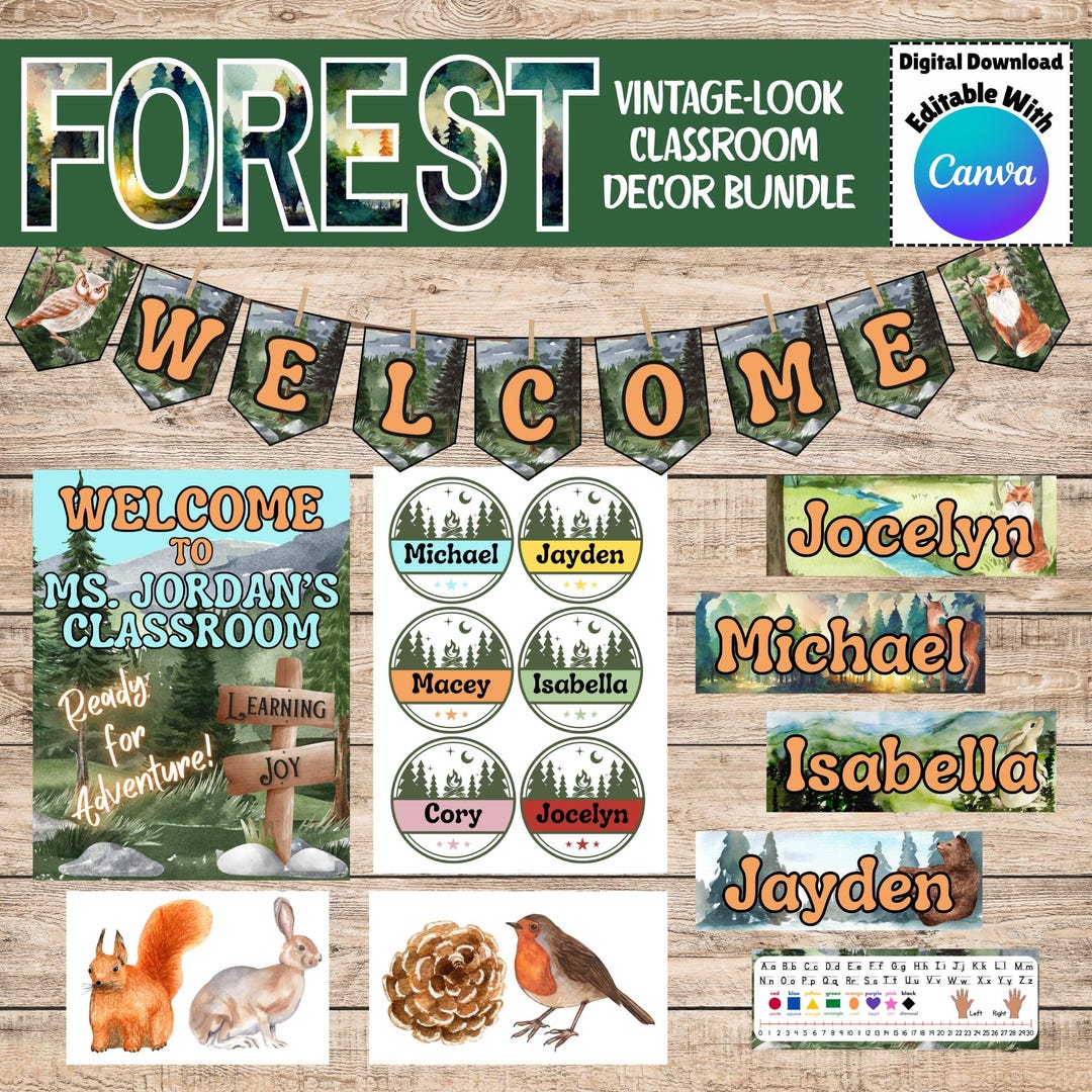 Forest Classroom Decor Bundle/ Welcome Back Bulletin Board/ Editable in ...