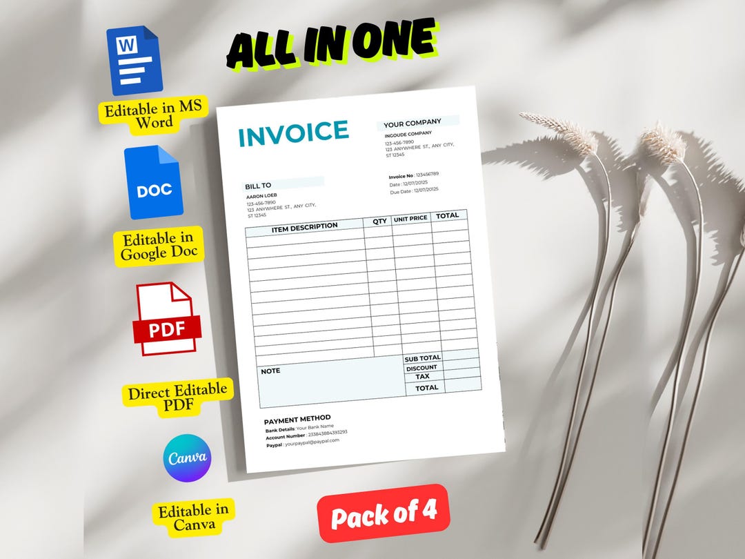 MS Word Invoice Template, Editable PDF Invoice Template, Small Business Billing Form, Canva ...