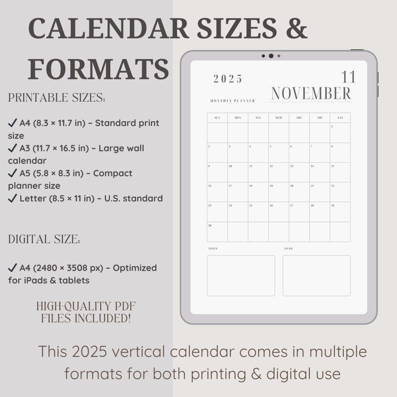 Calendar 2025 | Printable & Digital Planner | Monthly Planner A3 A4 A5 ...