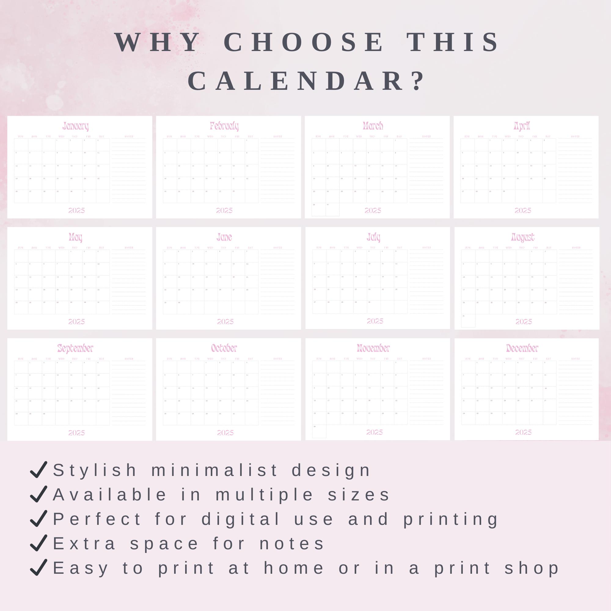 2025 Calendar | Monthly Wall Calendar A3, A4, A5, Letter | Digital ...