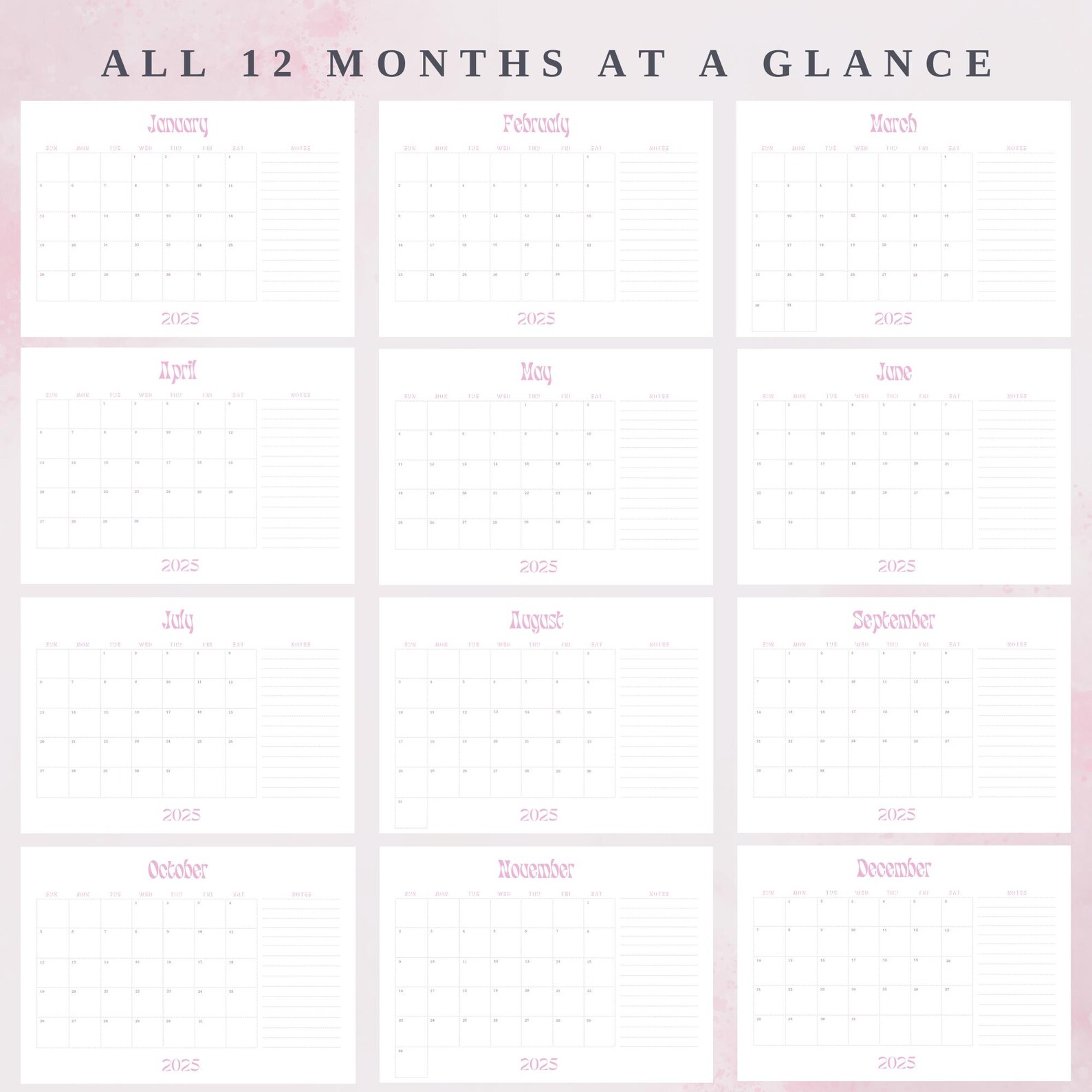 2025 Calendar | Monthly Wall Calendar A3, A4, A5, Letter | Digital ...