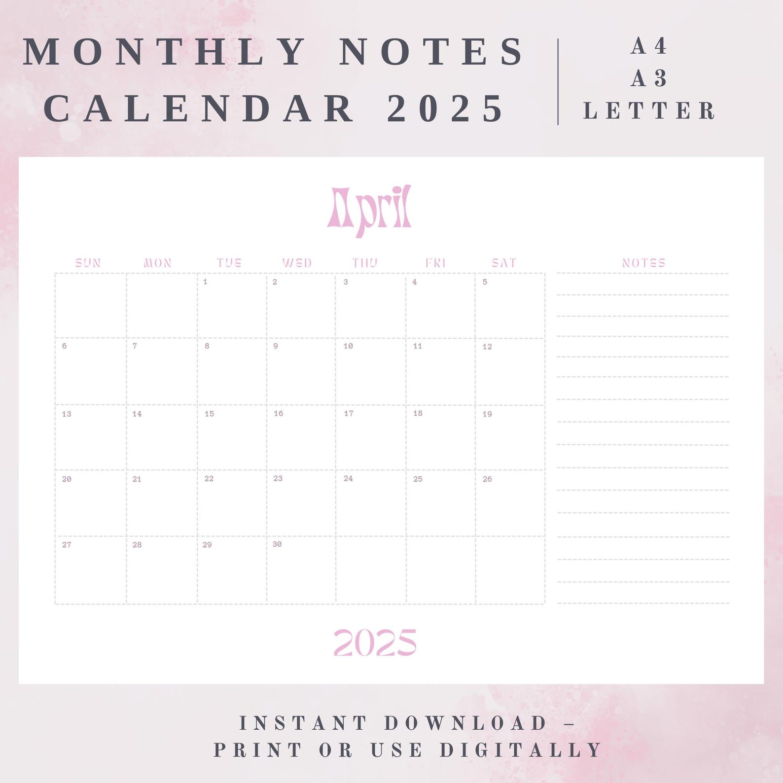 2025 Calendar | Monthly Wall Calendar A3, A4, A5, Letter | Digital ...