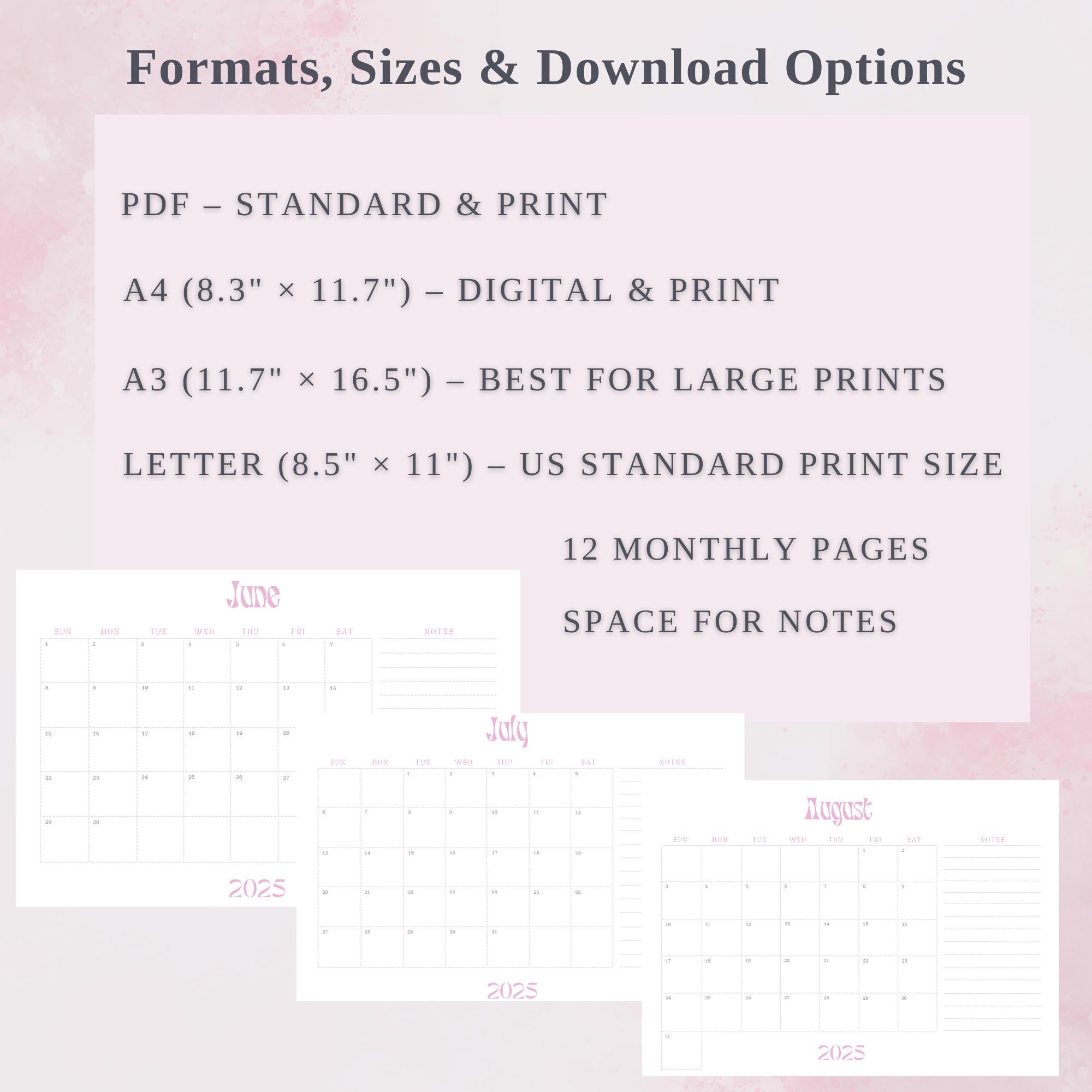 2025 Calendar | Monthly Wall Calendar A3, A4, A5, Letter | Digital ...
