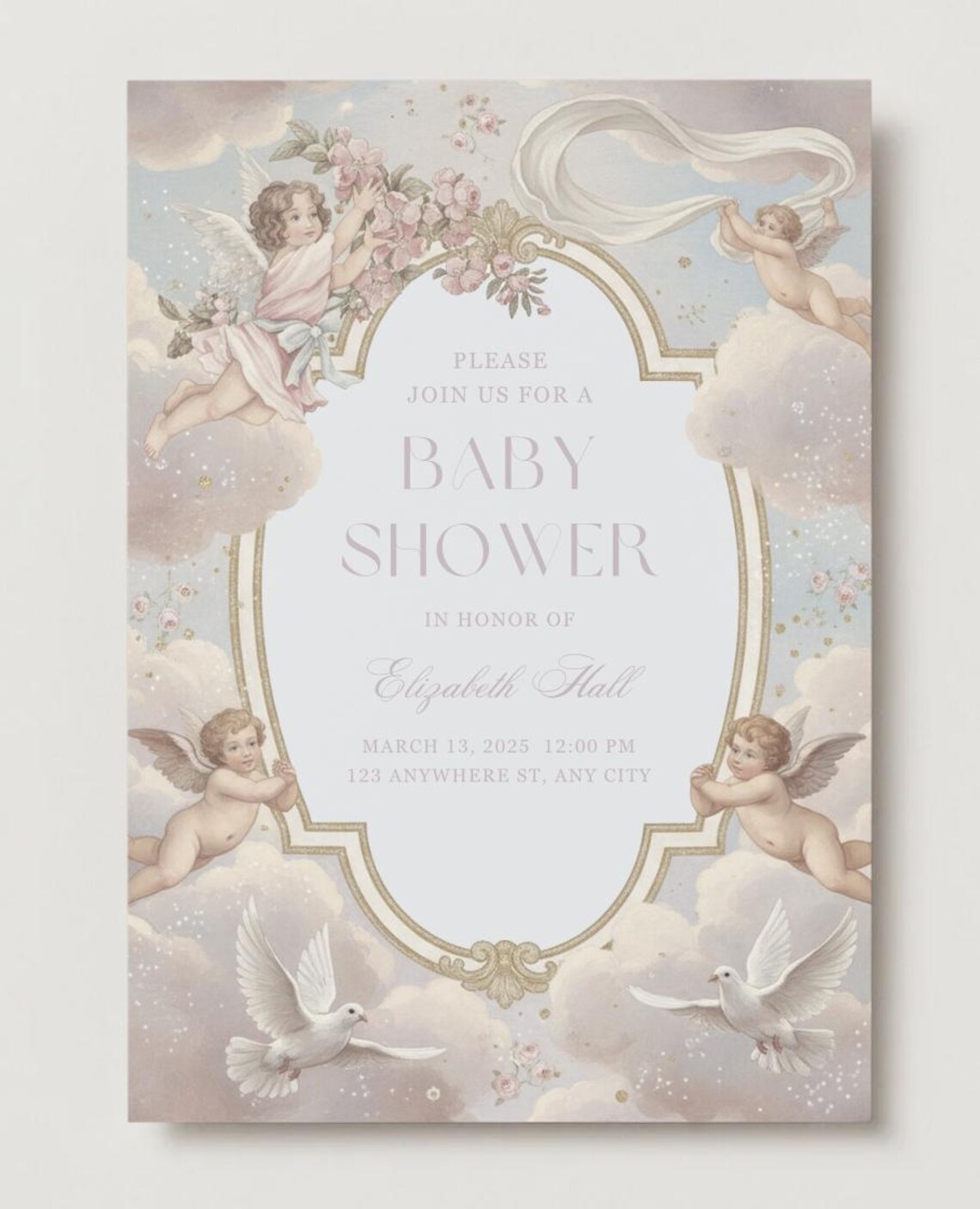 Vintage Cherub Baby Shower Invitation: Editable Baroque Angel Template ...