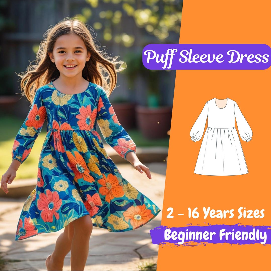 Puff Sleeve Dress Sewing Pattern, Girls Summer Dress Pattern, Toddler ...