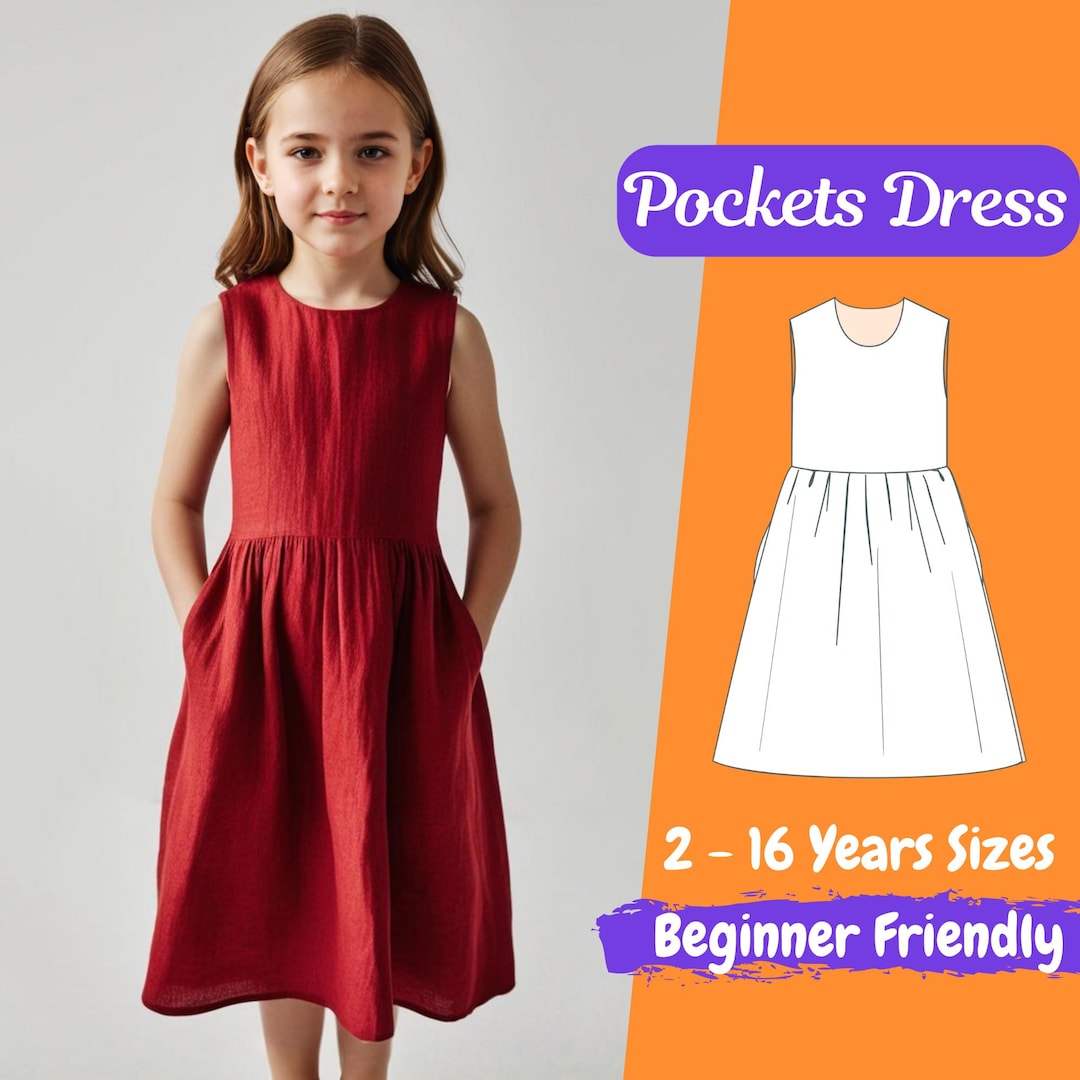 Girls Pockets Linen Dress Pattern Sleeveless Summer Gathered Dress ...