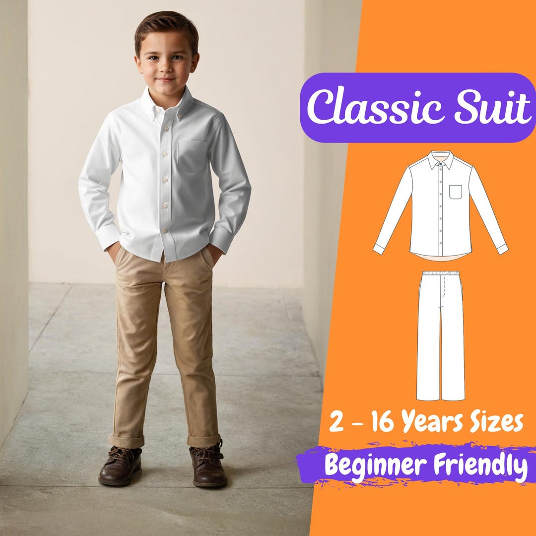 Boys Classic Shirt and Pants Sewing Pattern Set Kids Simple Suit Sewing ...