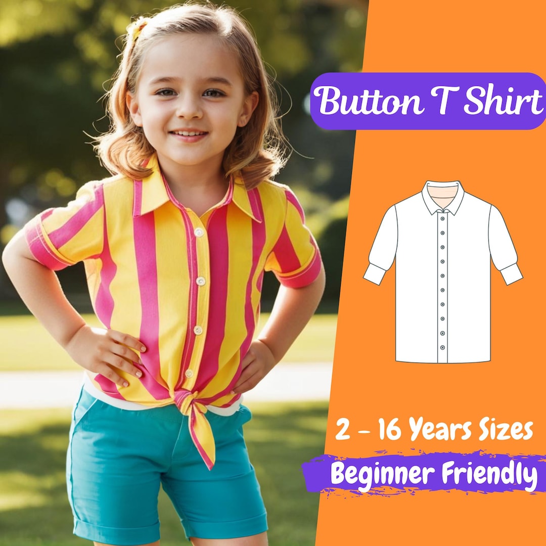 Girls Summer T Shirt PDF Pattern Shorts Sleeve Button Blouse for Kids ...