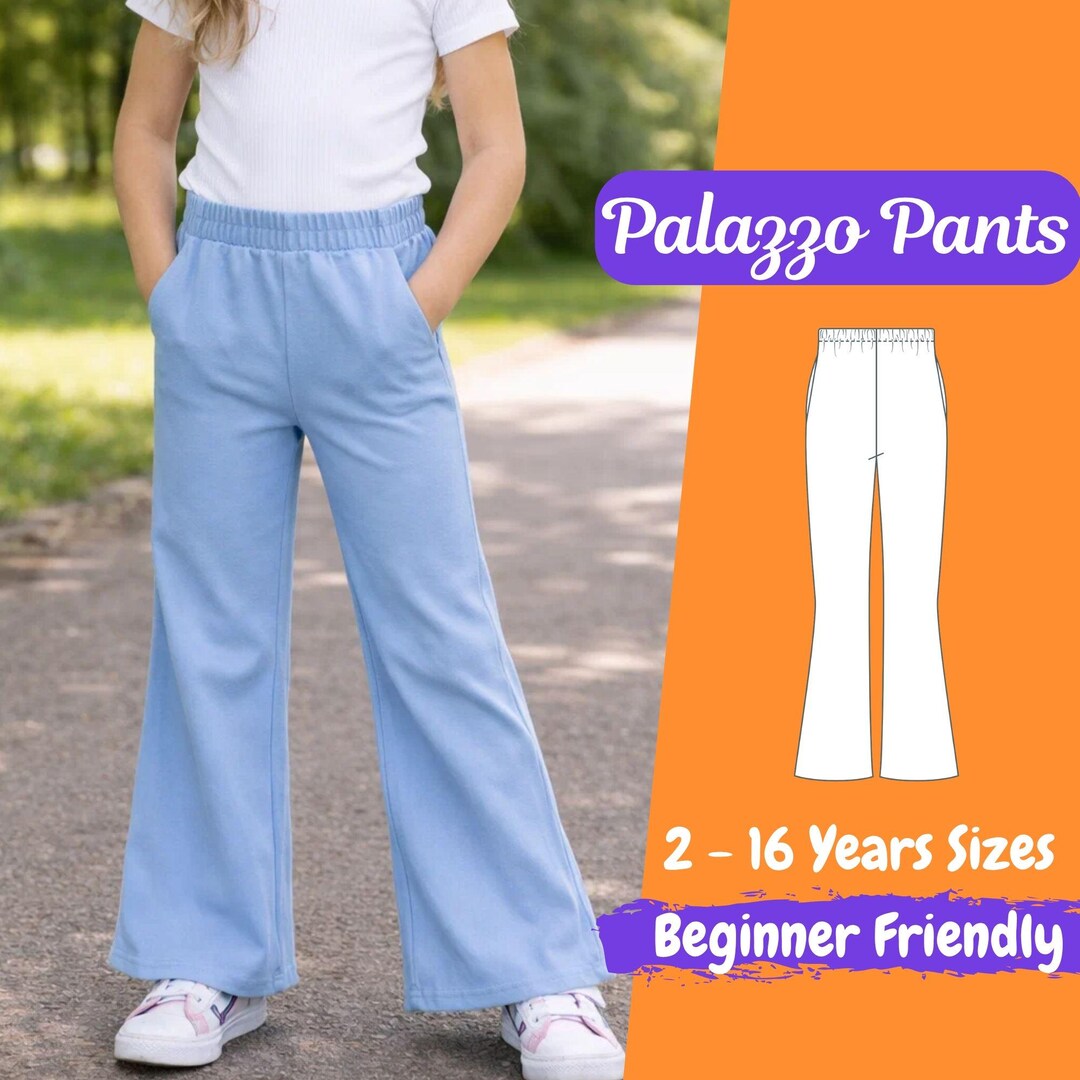 Girls Palazzo Pants Sewing Pattern, Elastic Waist Wide Leg Trousers ...