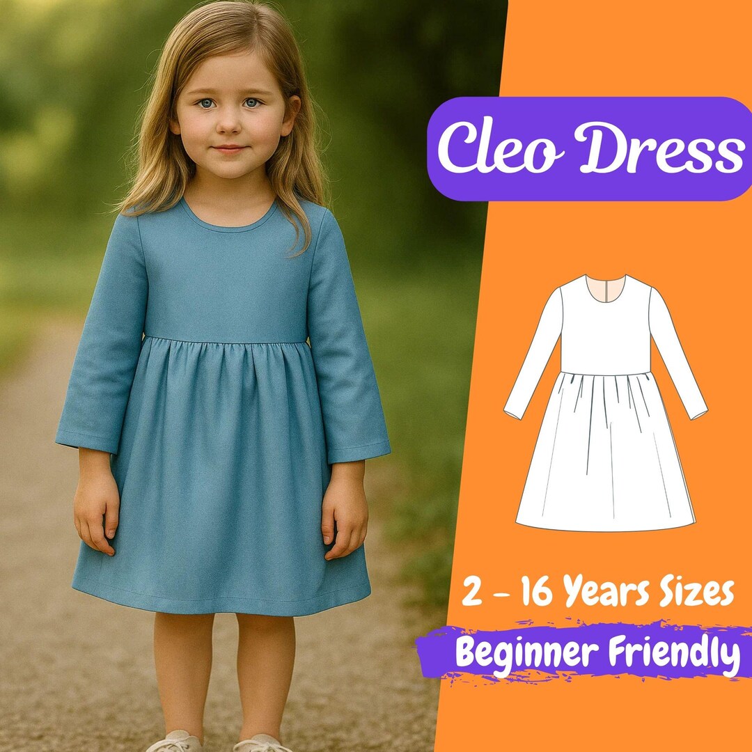 Cleo Dress Sewing Pattern, Girls Long Sleeve Dress PDF, Gathered Skirt ...
