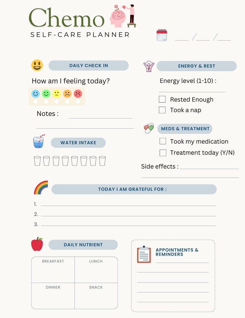 Chemo Self-care Planner | Cancer Treatment Tracker | Digital Fillable ...