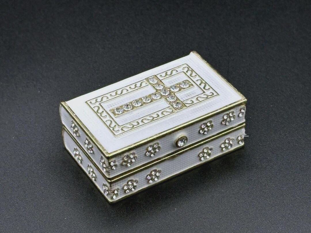 Decorative White and Gold Holy Bible Hinged Trinket Box With Rhinestone ...