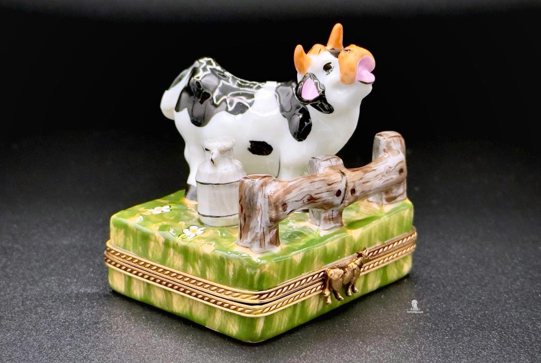 Limoges France Peint Main Trinket Box Cow Milk Can Farm Hand Painted ...