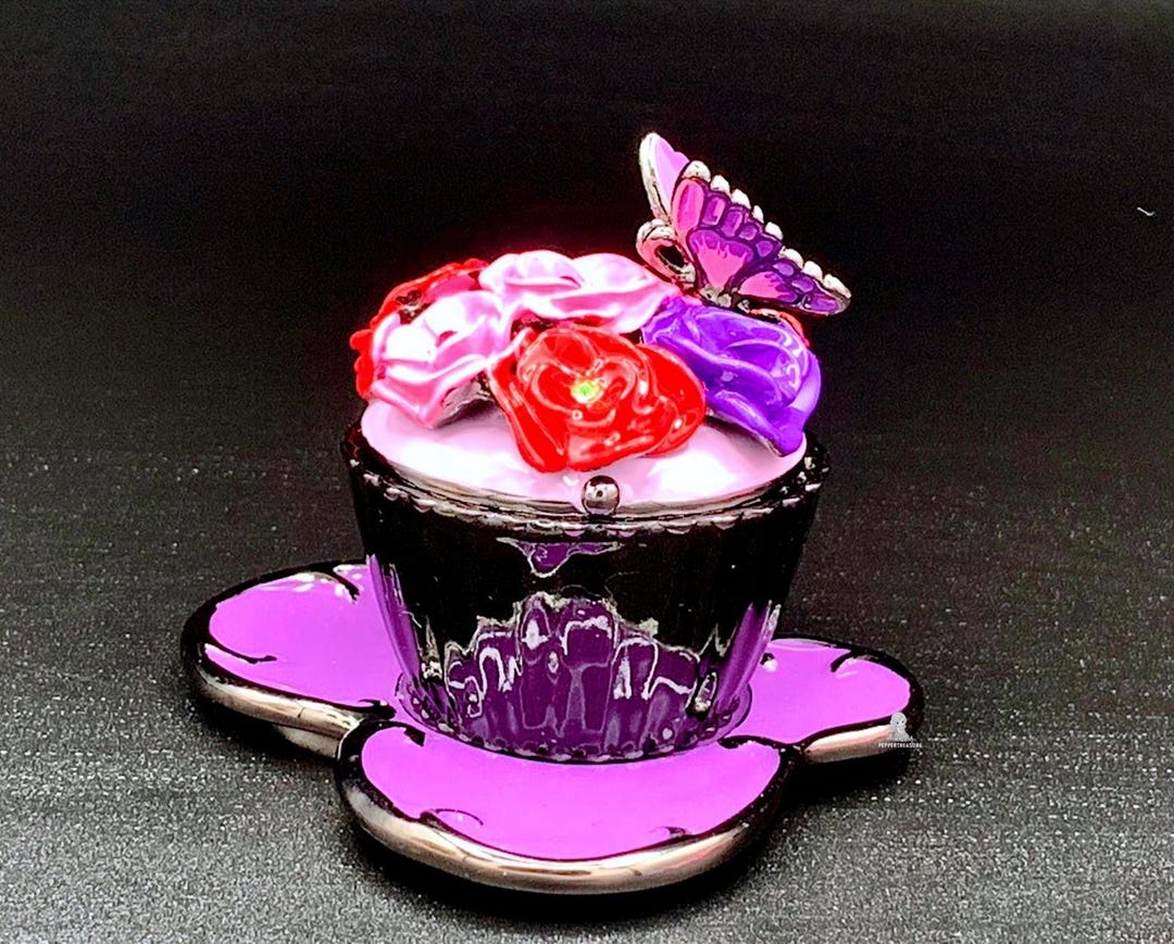 Purple Cupcake Trinket Box Floral Lid Butterfly Accent Hinged Keepsake ...