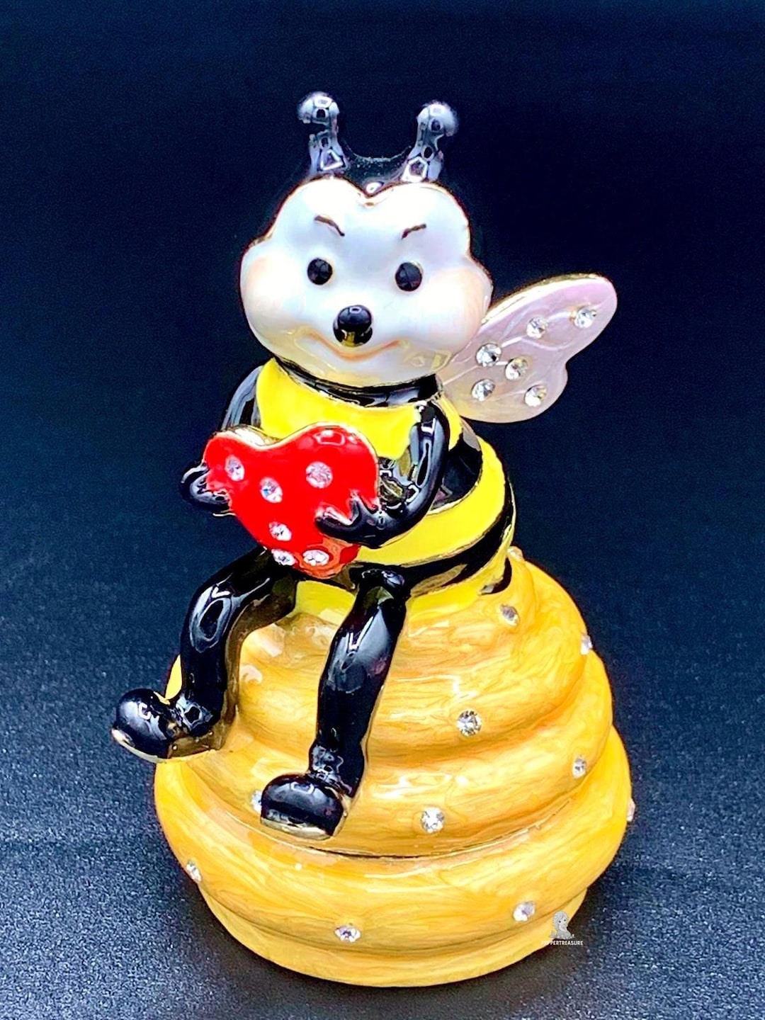 Enamel Bee Trinket Box Holding Red Heart on Crystal Beehive - Etsy