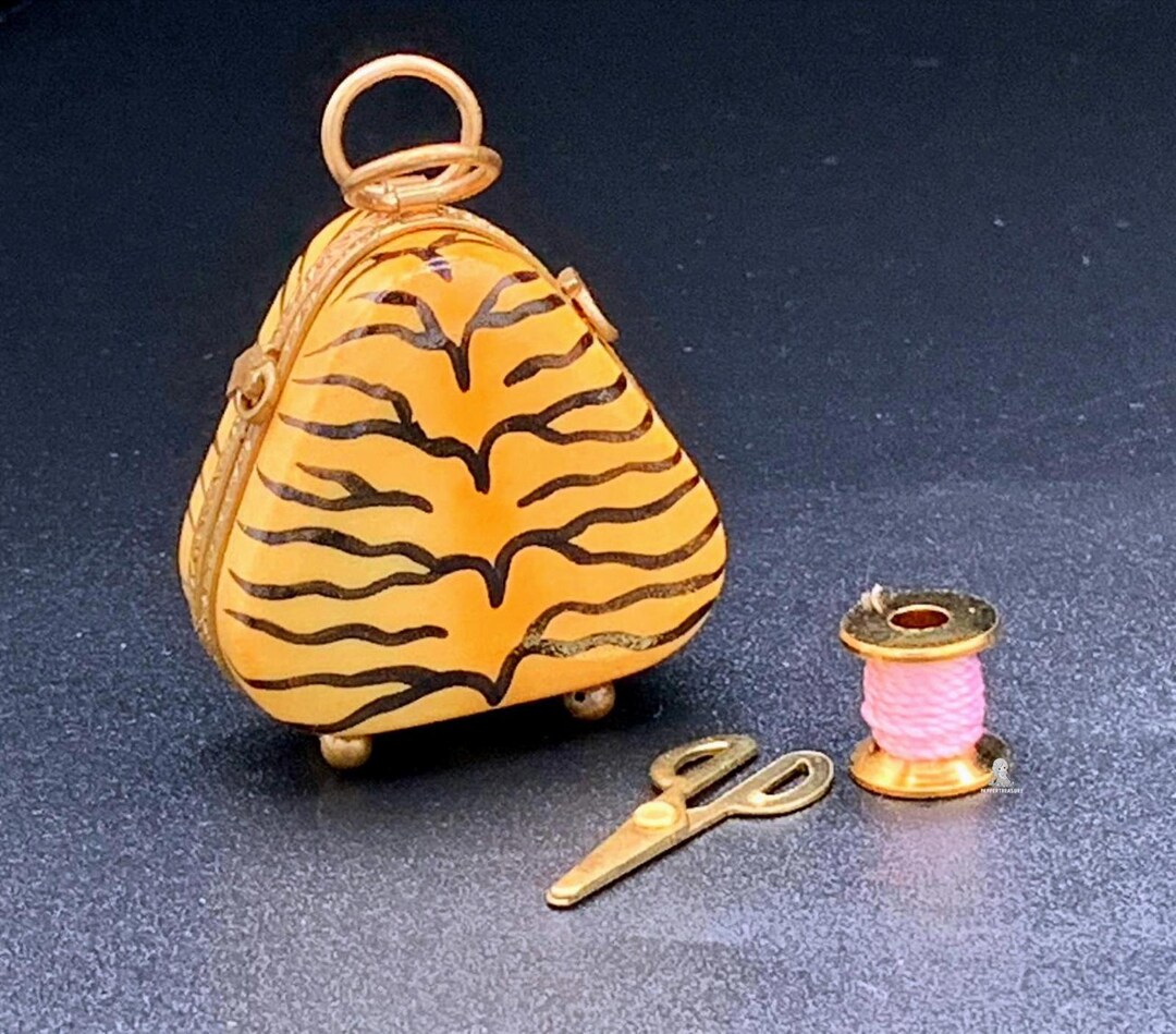 Authetic Limoges Tiger Stripe Sewing Trinket Box Mini Scissor Spool ...