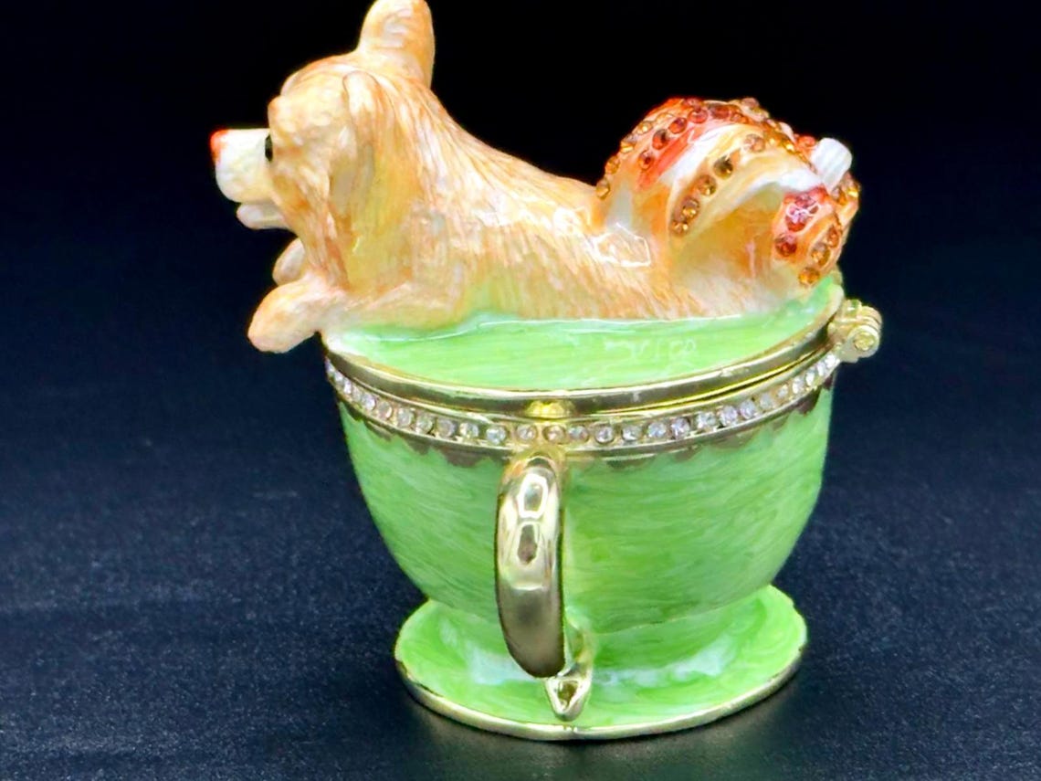 Dog in Teacup Trinket Box – Green Cup W/ Crystals Puppy Figurine ...
