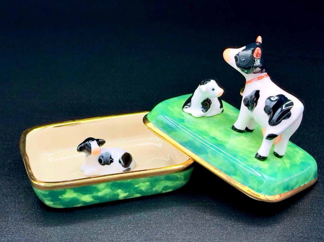Porcelain Cow & Calf Trinket Box • Green Meadow Base • Hidden Mini Calf ...