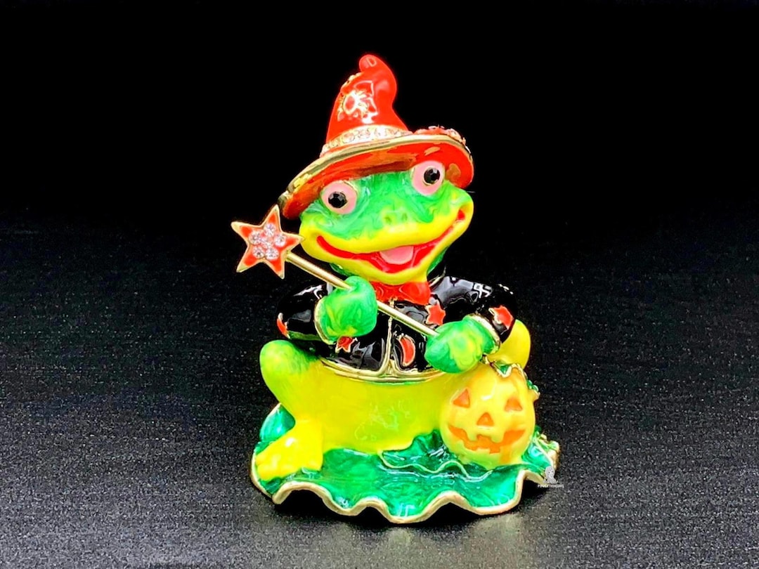 Halloween Frog Wizard Trinket Box Enamel Hinged Crystal Accent Keepsake ...