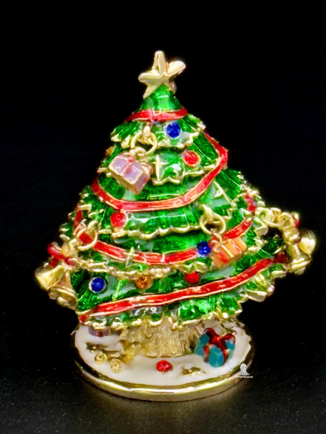 Charming Gold Christmas Tree Trinket Box W/ Dangling Charms Holiday ...